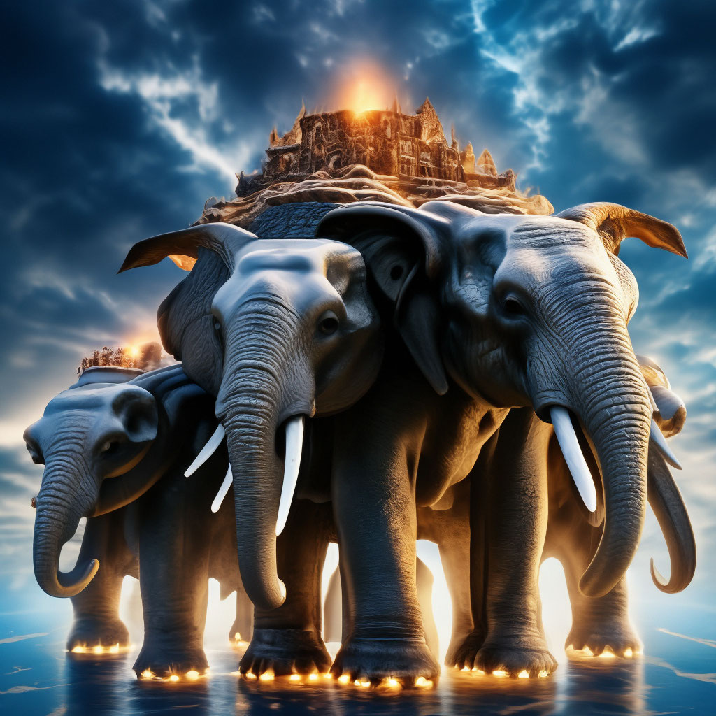 "Magmatic turtle floats in space turtle on it are 4 big elephants ...