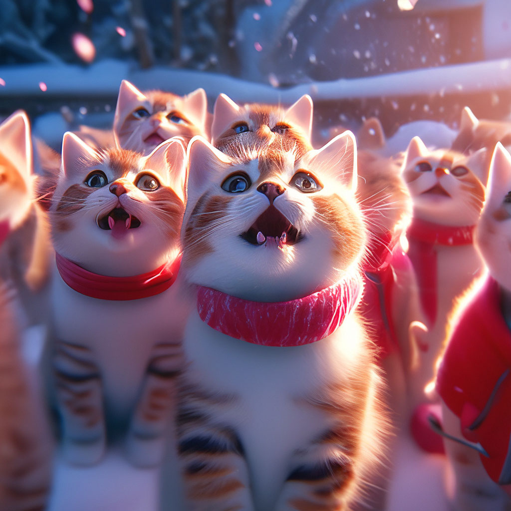 "Chorus of singing cats, winter, it's snowing, smile, light, bright ...