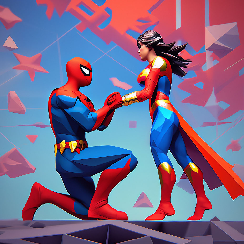 "Spider-man proposes to wonder woman" — image created in Shedevrum