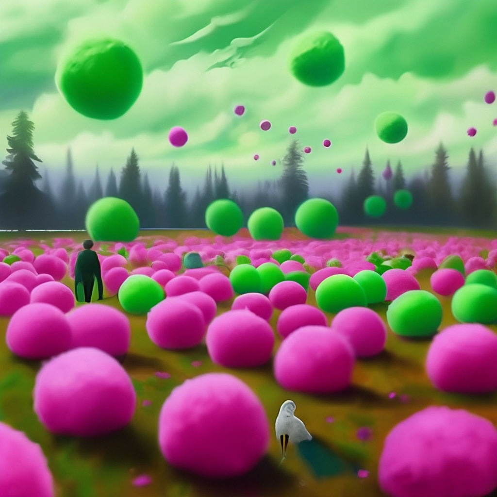 "A field of balls covered with pink fur, among them several balls ...