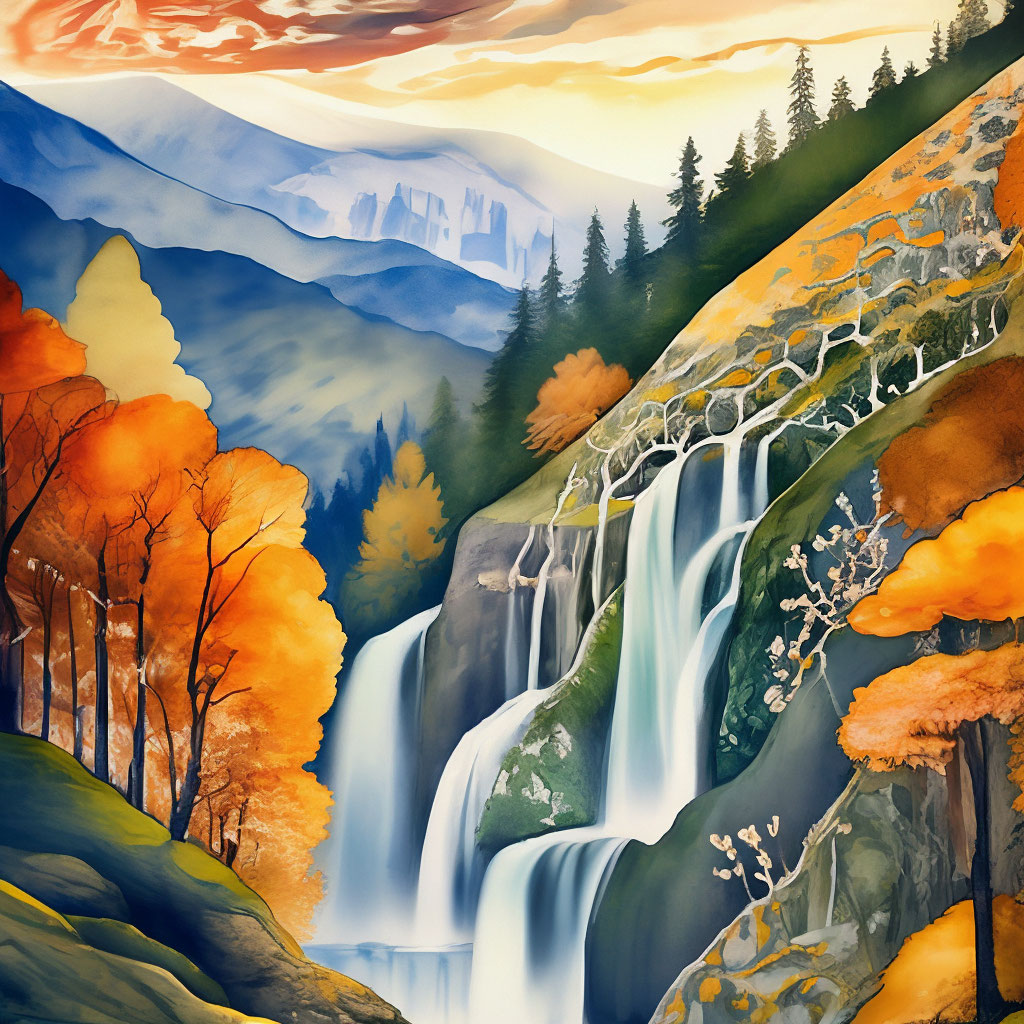 "Landscape, mountains, forest, waterfall, autumn,trees are woven into ...