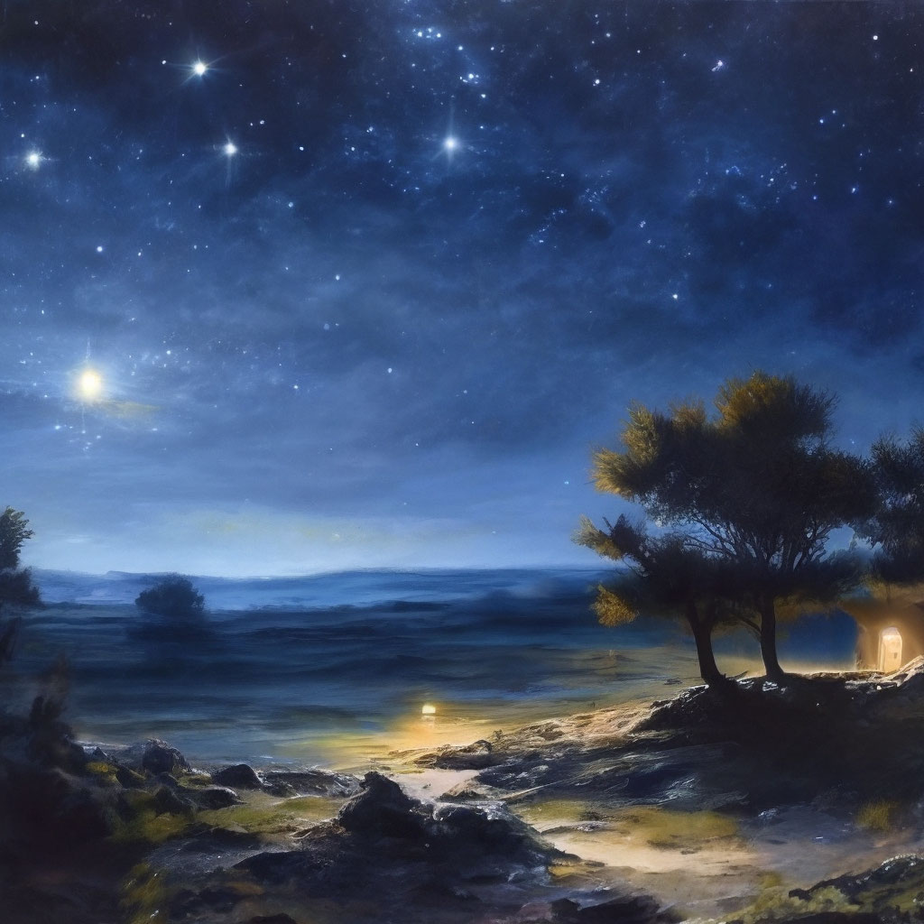 "The night is quiet Dark sky with stars, moon, view from below ...