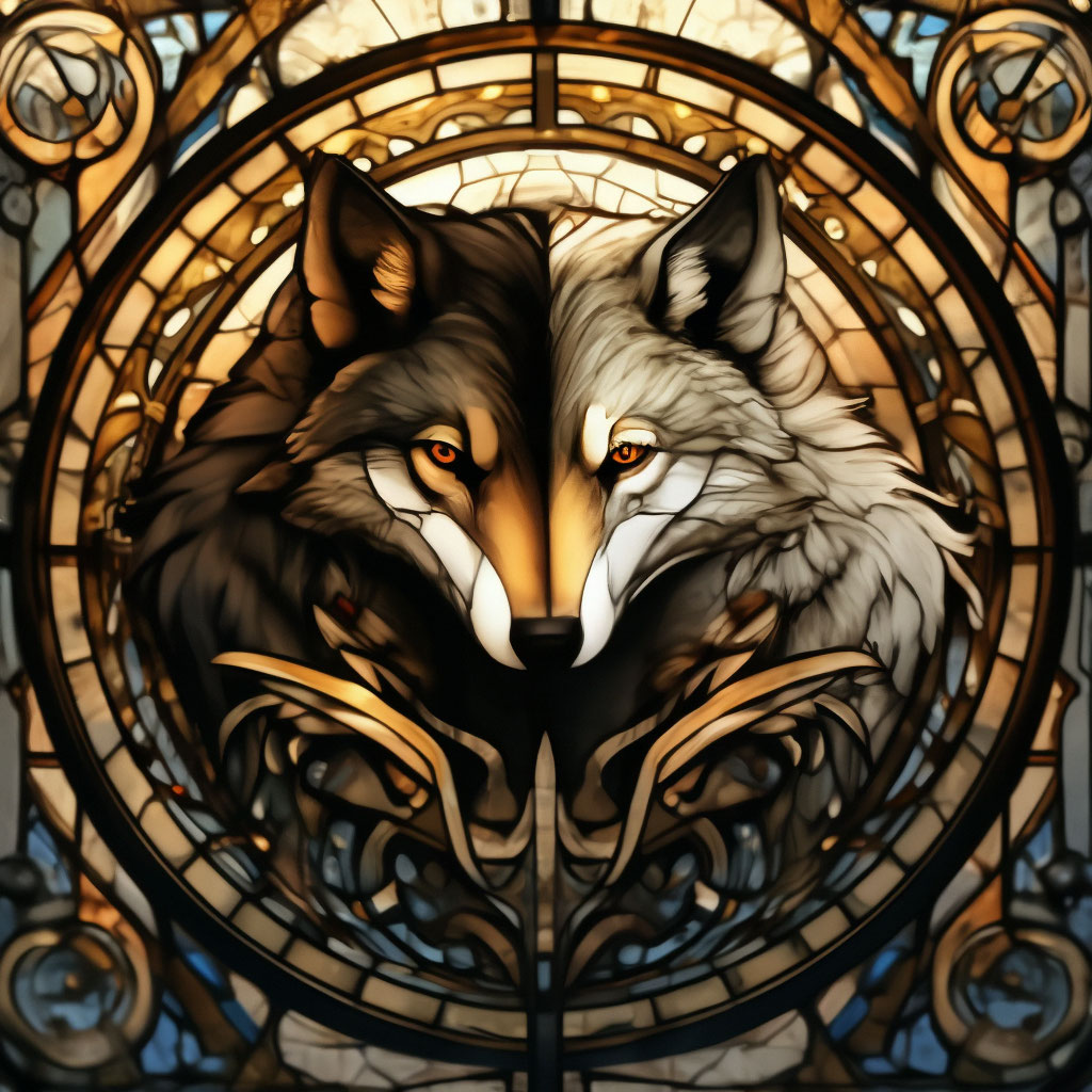 "Stained glass window "Wolves like and Hattie", in the Yin-yang style ...