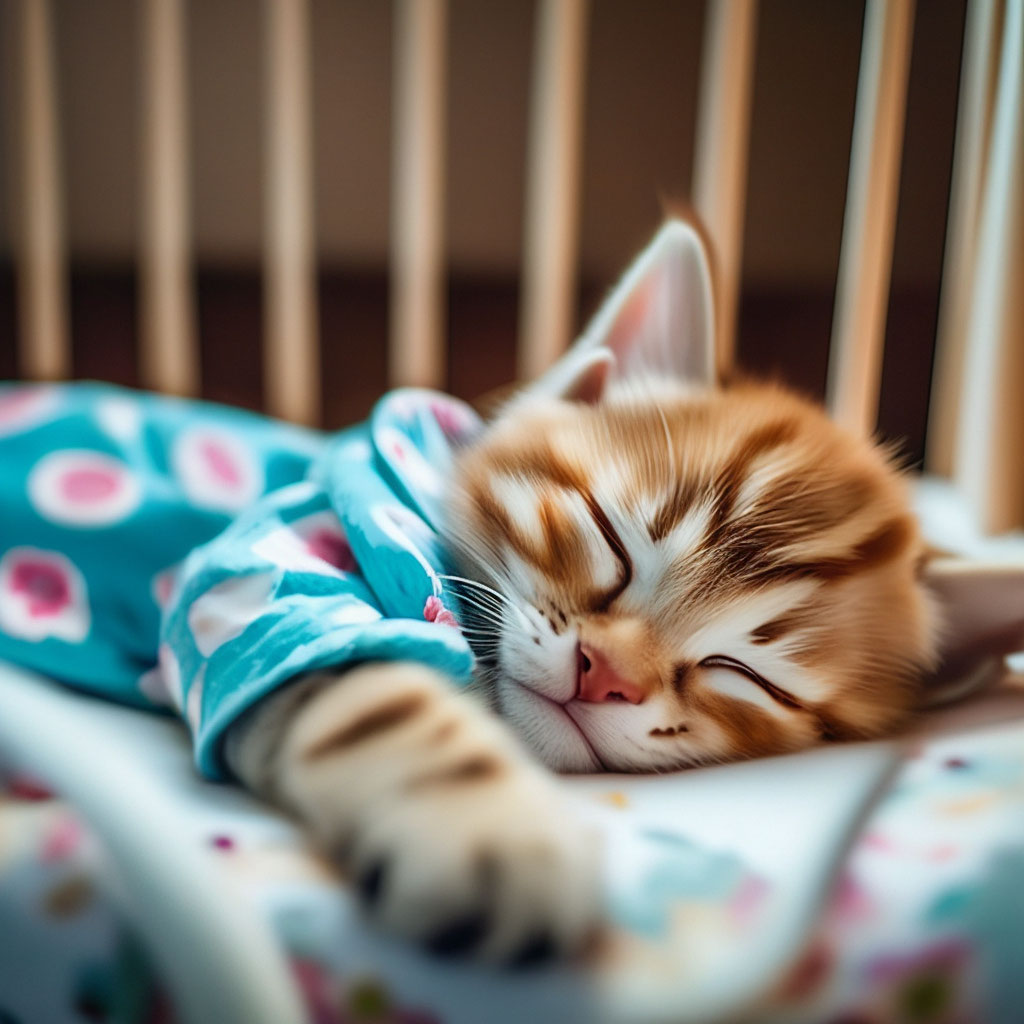 "Cute little cat in pajamas lying on the crib and falling asleep ...