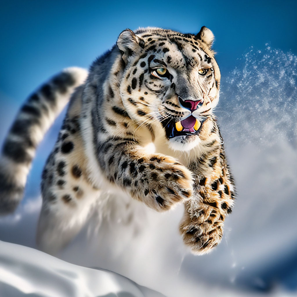 "Snow leopard jumping to hunt in the mountains, super macro, ue5, hdr ...
