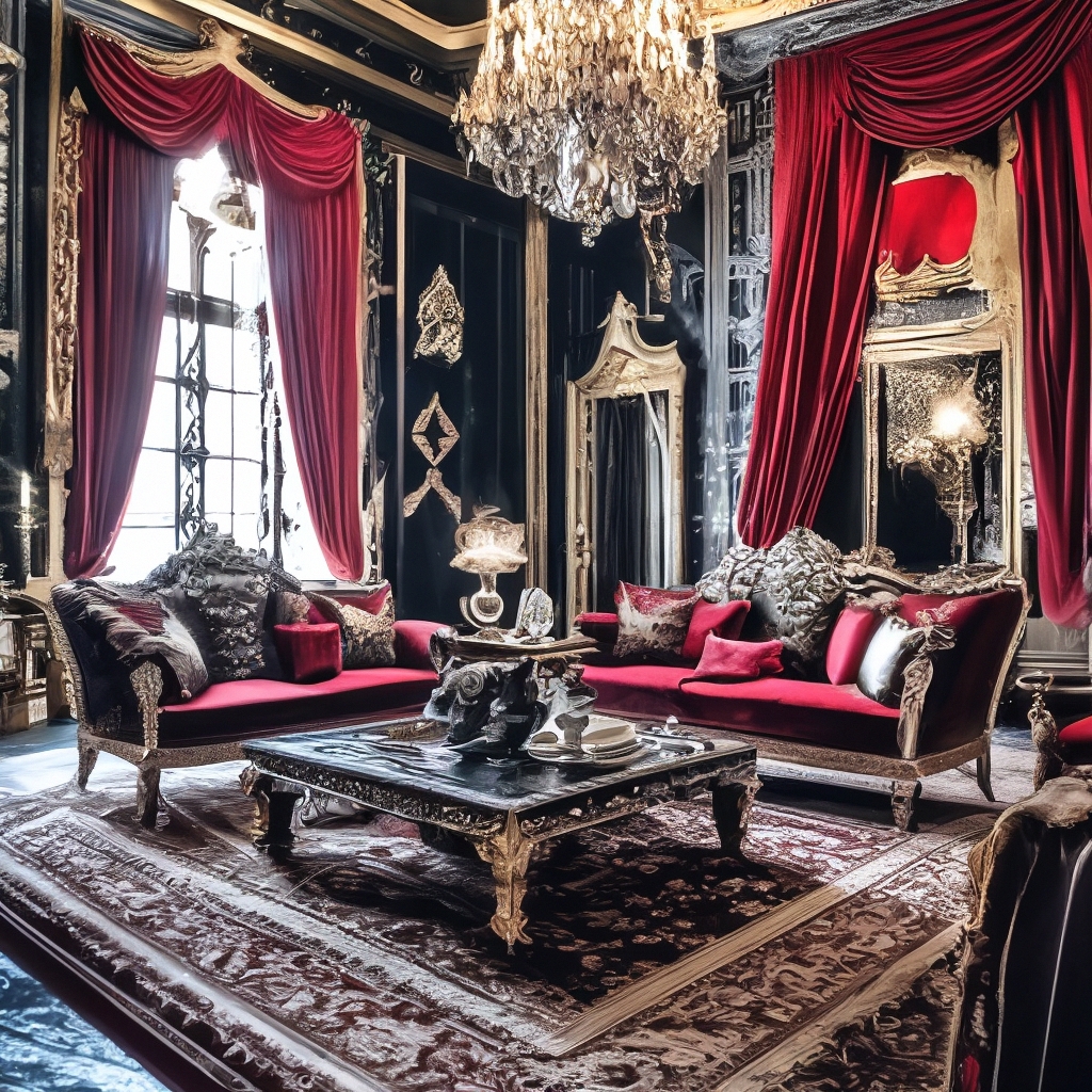 "Empire style interior, palace of fashionable vampires, dark curtains ...