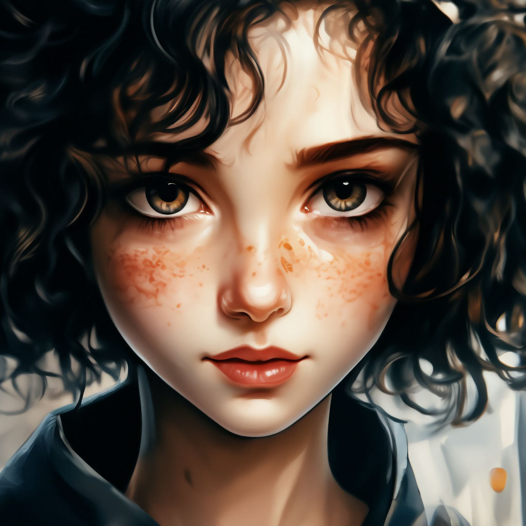 "Volumetric watercolor, drawing,beautiful girl, freckles, chibi-style ...