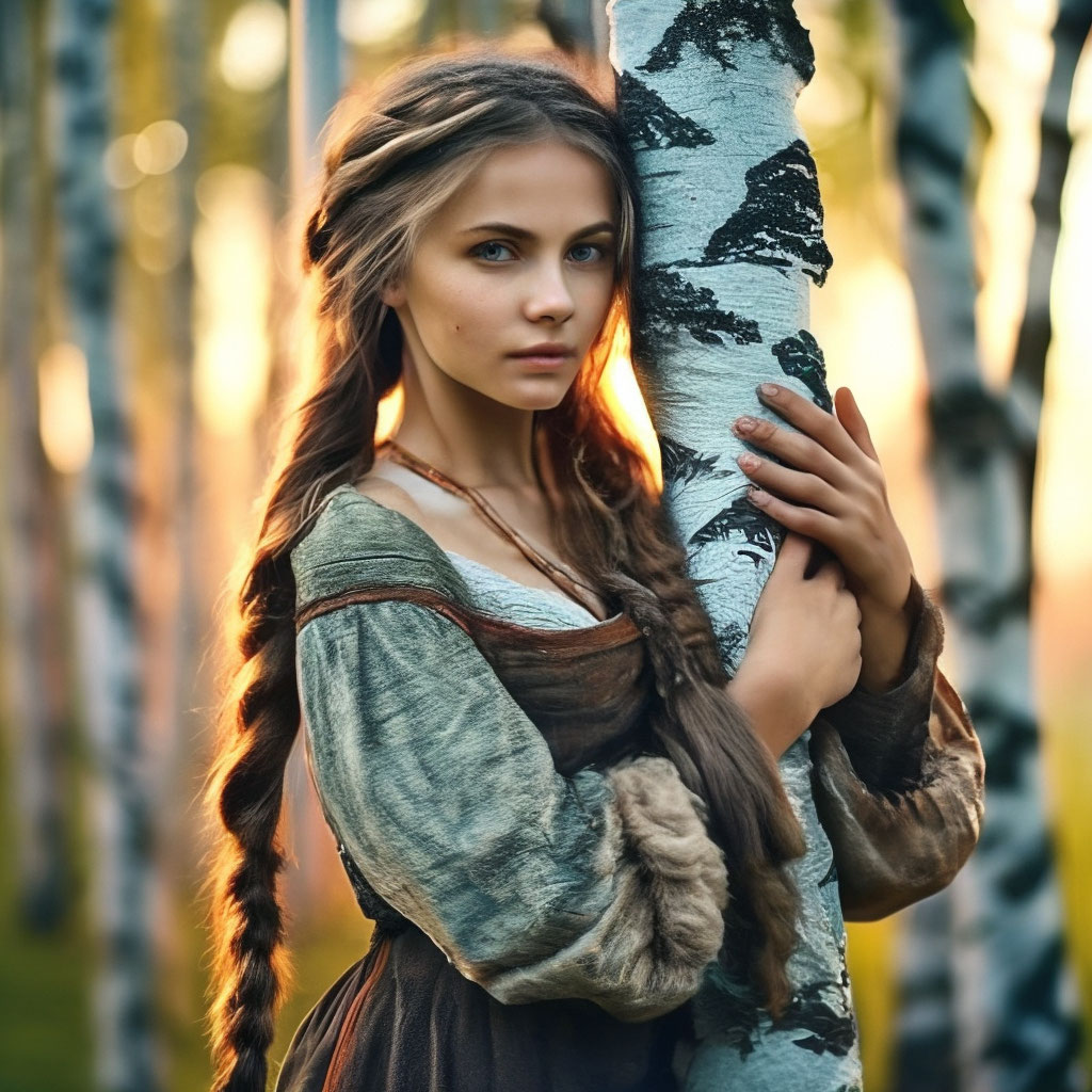 "A beautiful Slavic girl with a long braid, individual strands have ...
