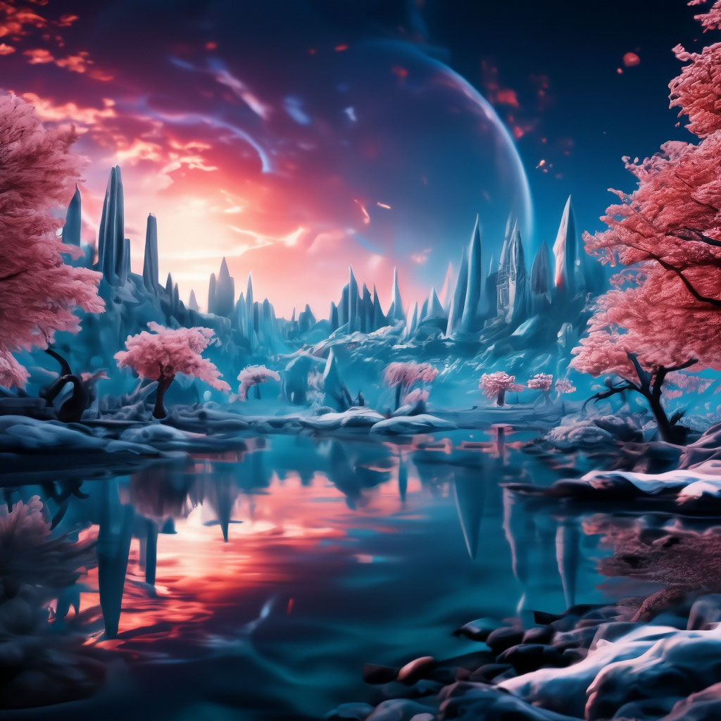 "A fantastic forest on an alien planet where a neon acid turquoise lake glows…" — image created ...
