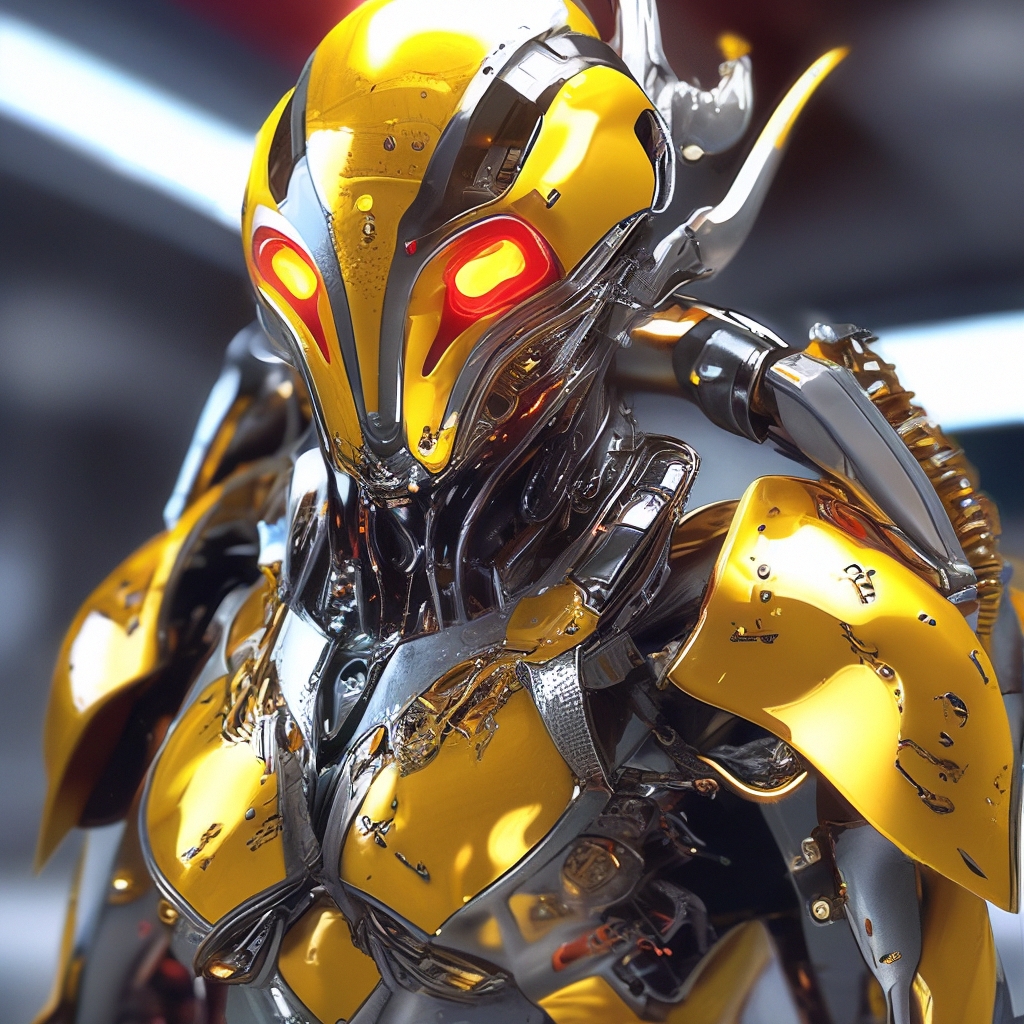 "Yellow ant, chimera with a man in bionic armor, standing tall,polished ...