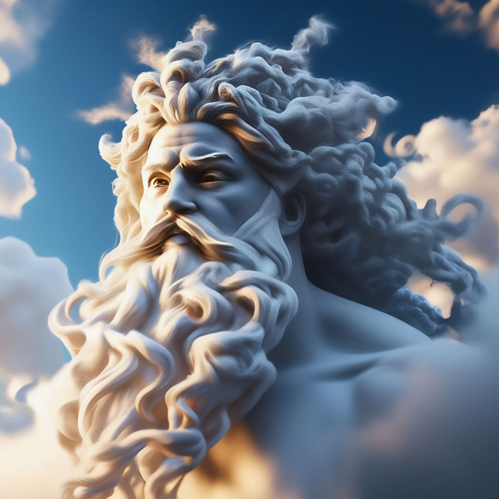 "Clouds in the form of Zeus + cloud, covered with fog, strands of hair ...