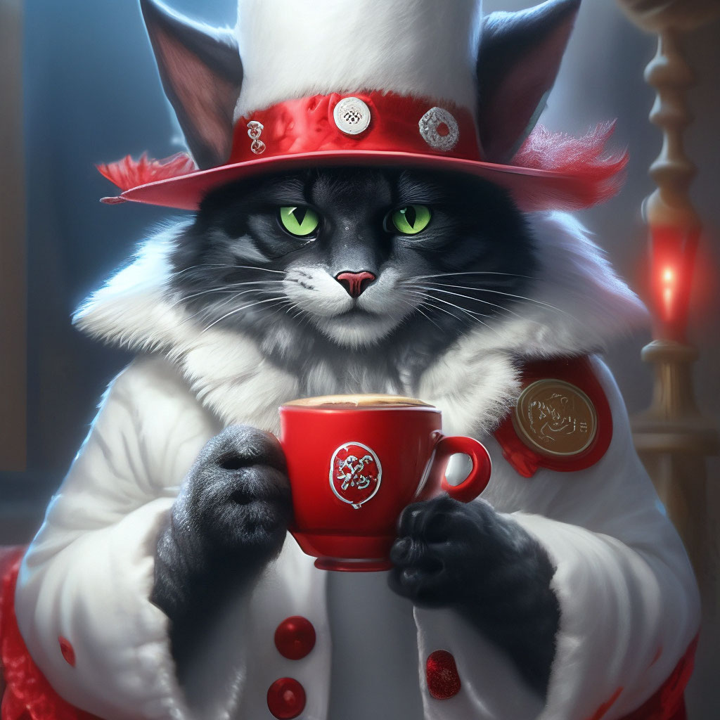 "Realistic fluffy black werewolf cat, in a white coat, in a clown hat ...