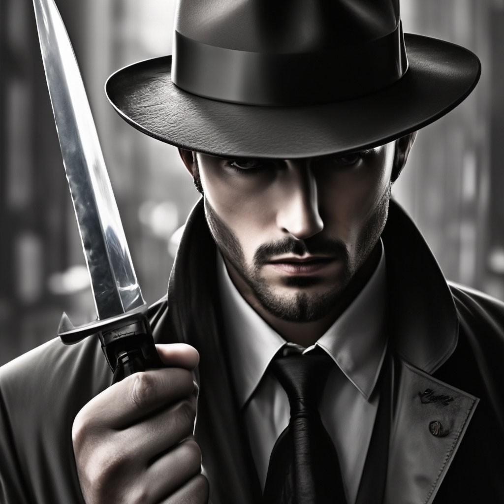 "Detective art, with a knife, a dagger." — image created in Shedevrum