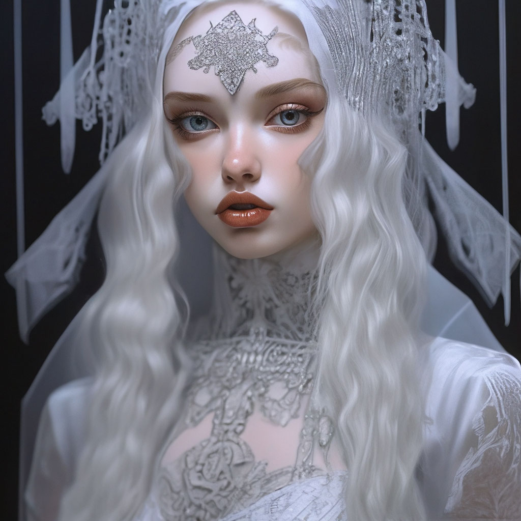 "Horror aesthetics, realistic girl in a silver lace dress, with acacia ...