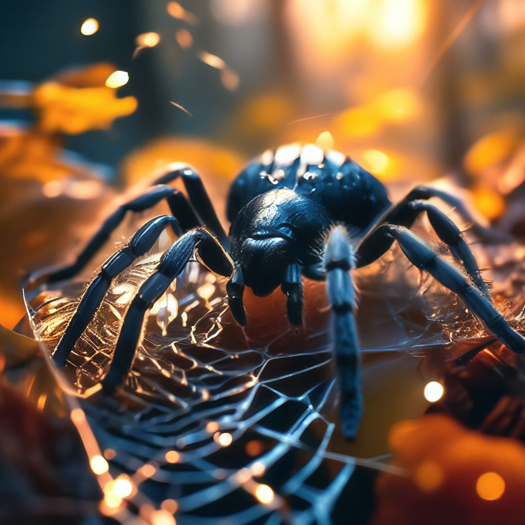 "Black tarantula on the web in autumn,32k professional photo, image ...
