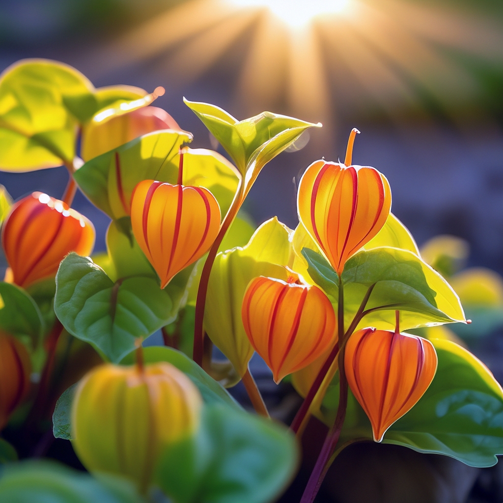 "A lot of physalis (Physalis alkekengi) in the rays of the rising sun ...