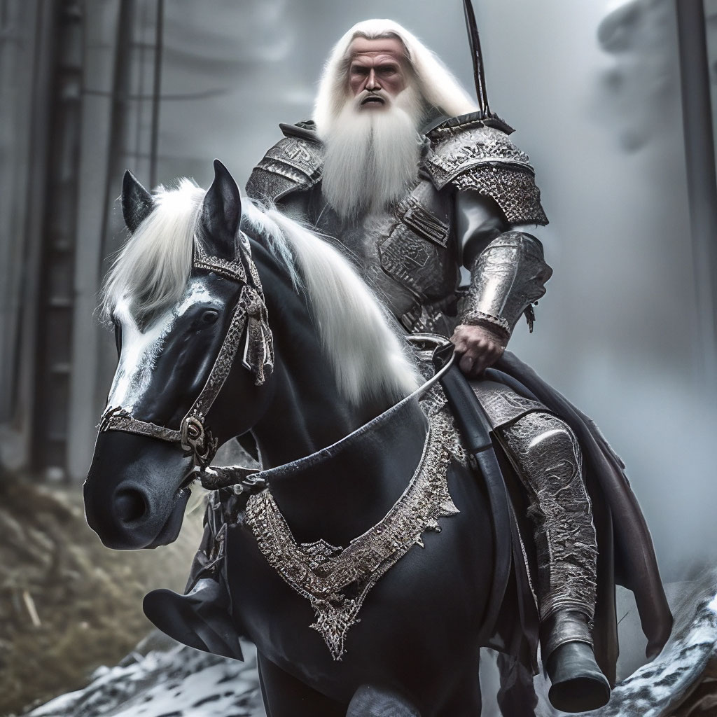 "Svyatogor on horseback, a powerful warrior in armor, a giant spear ...