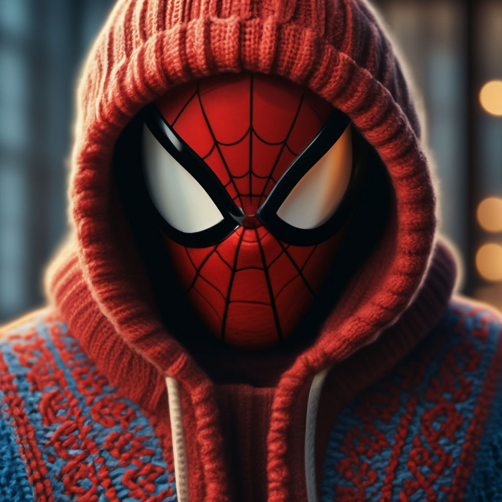 "An anthropomorphic spider-man in a knitted sweater, with big cheerful ...
