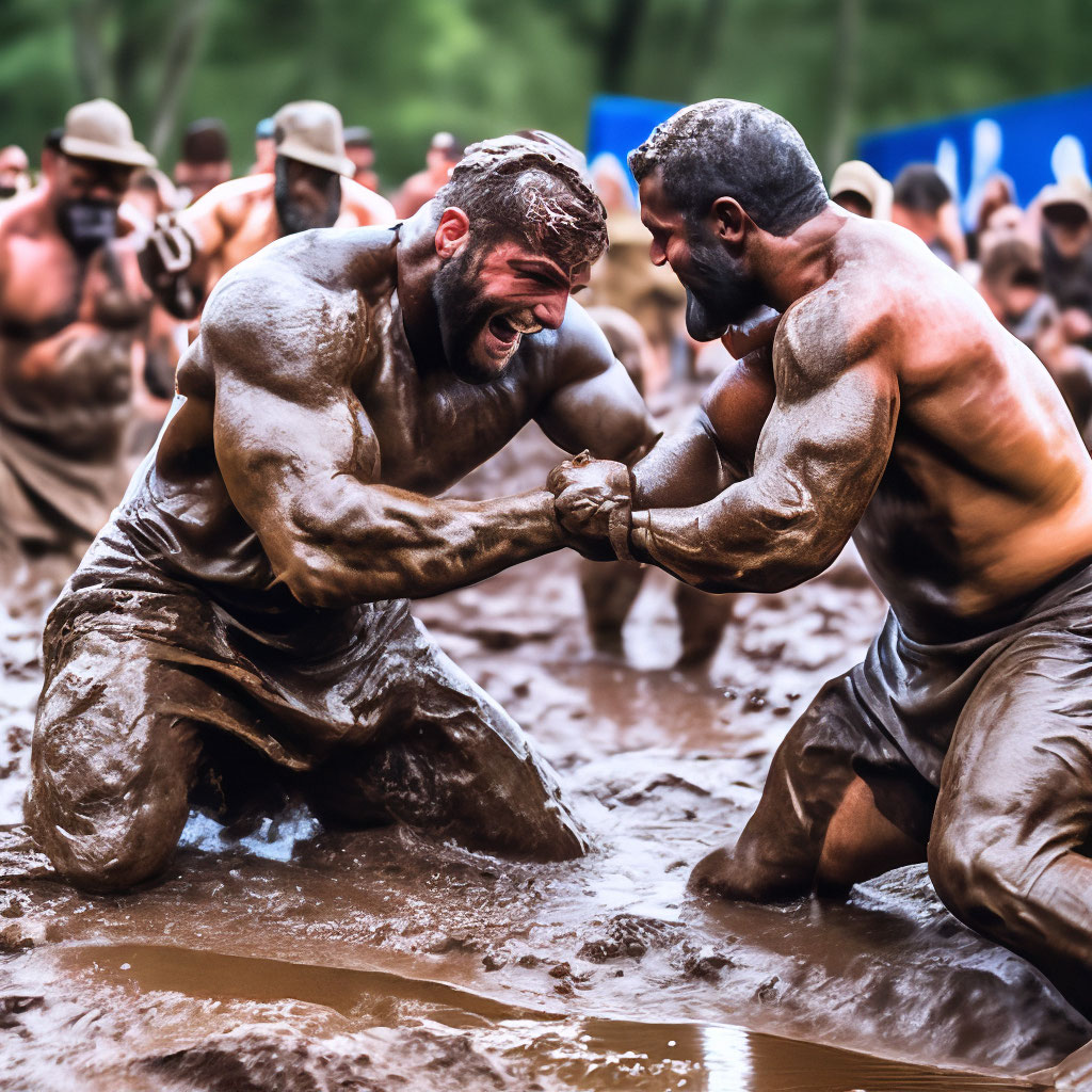 "Bodybuilders fighting in the mud" — image created in Shedevrum