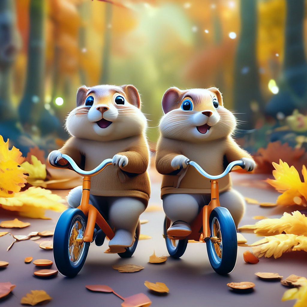 "Two cute gophers on bicycles,big eyes, long eyelashes, autumn,foliage ...