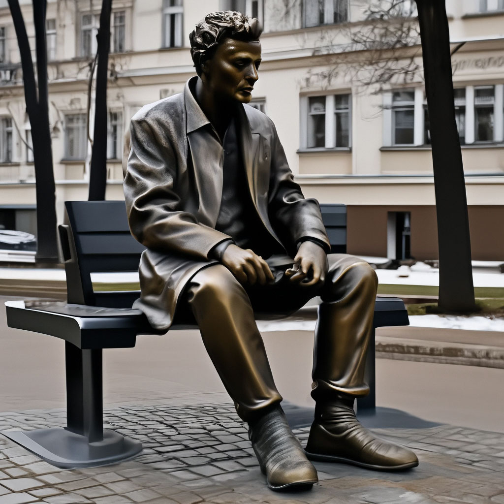 "A statue of a man (Leonid Bykov) sitting on top of a bench, a statue ...