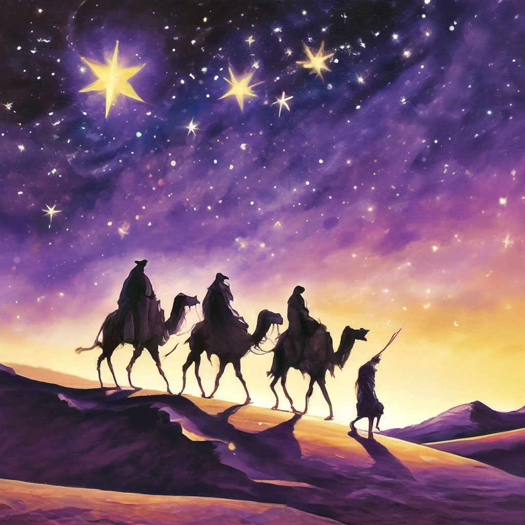 "The three Magi walk through the night desert following the star of ...