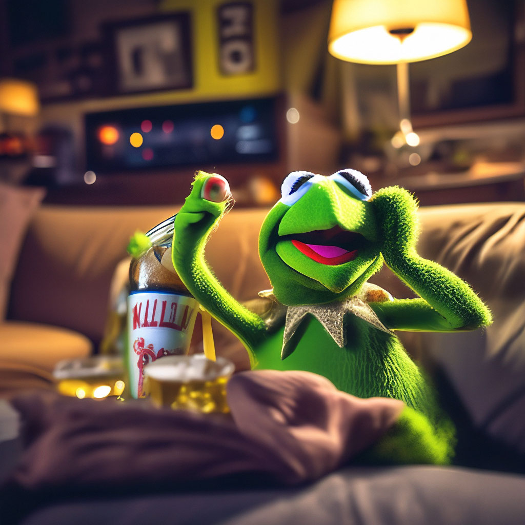 "Drunk baby Kermit on Saturday night on the couch with beer and remote ...