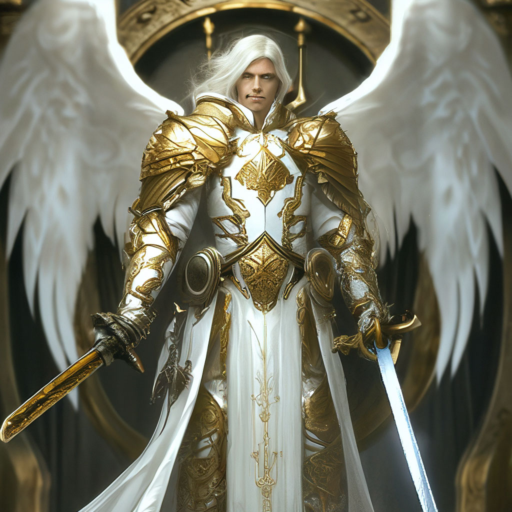 "Guardian angel in white robes in golden armor, with a sword in his ...