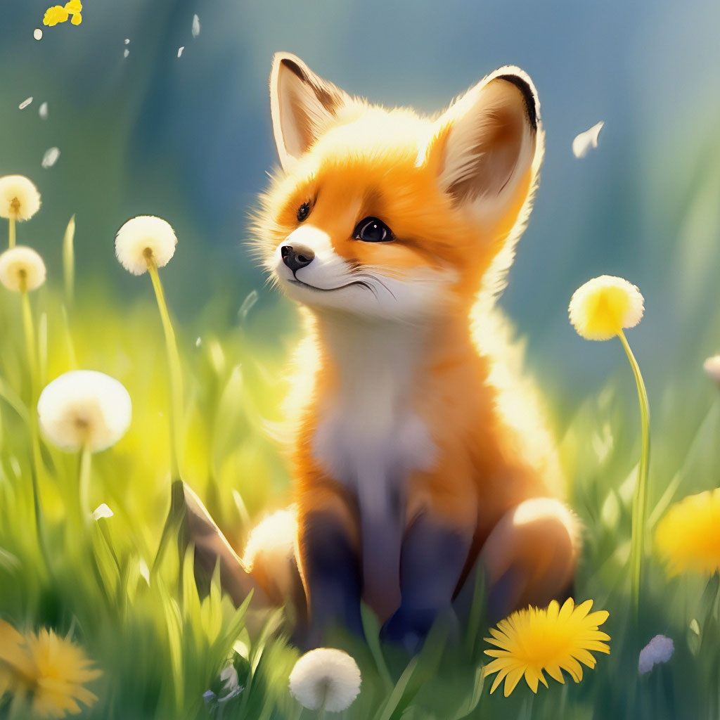 "Cute, fluffy fox cub sitting in tall grass and dandelions, sniffing ...