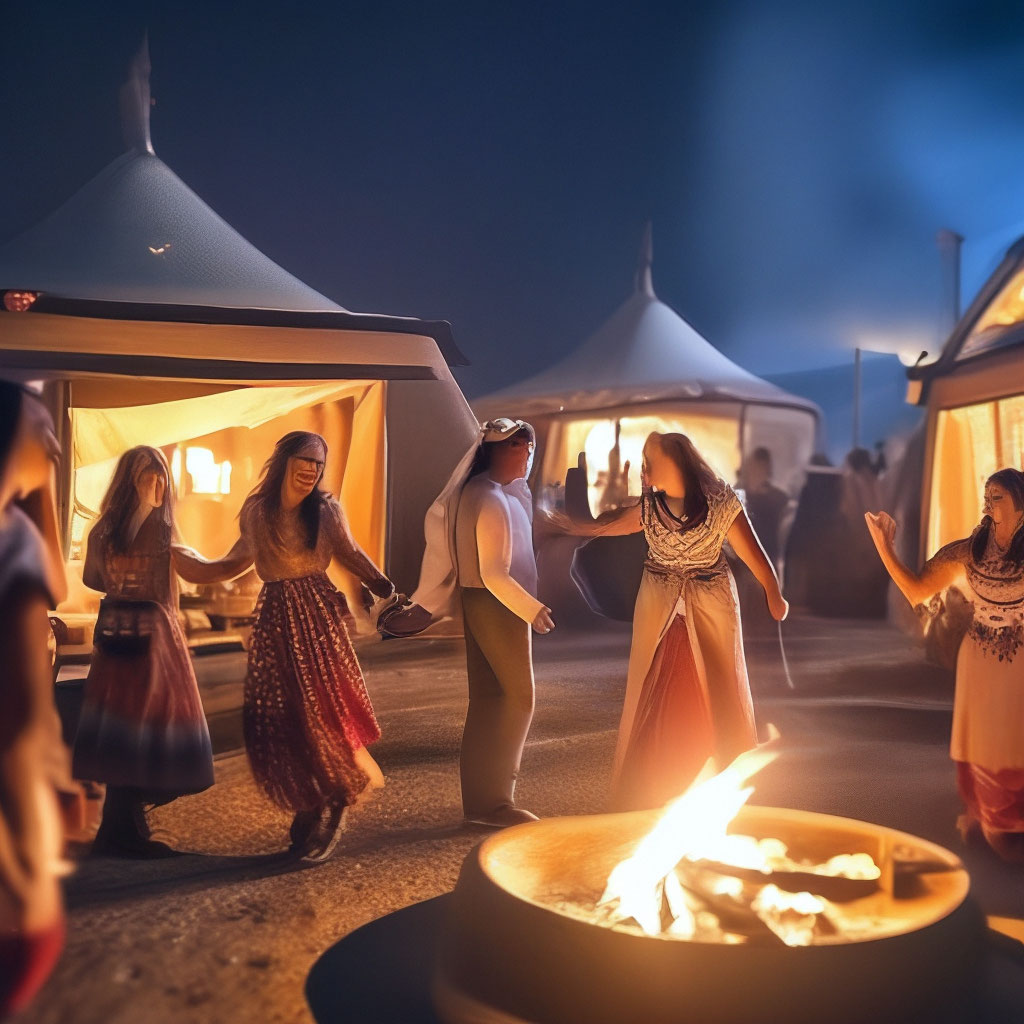 "Gypsy camp dances at night around a campfire on the background of ...