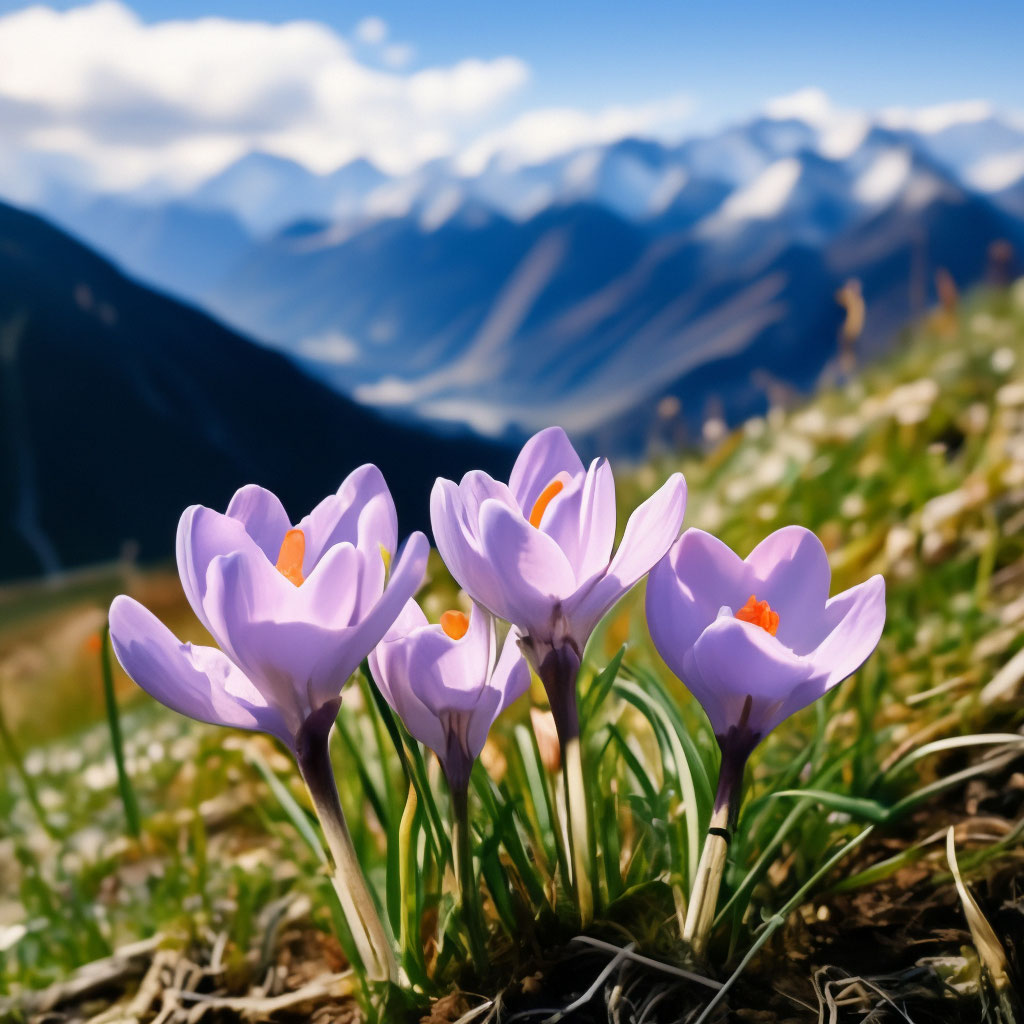 "Mountain landscape. spring. crocuses in the foreground close-up ...