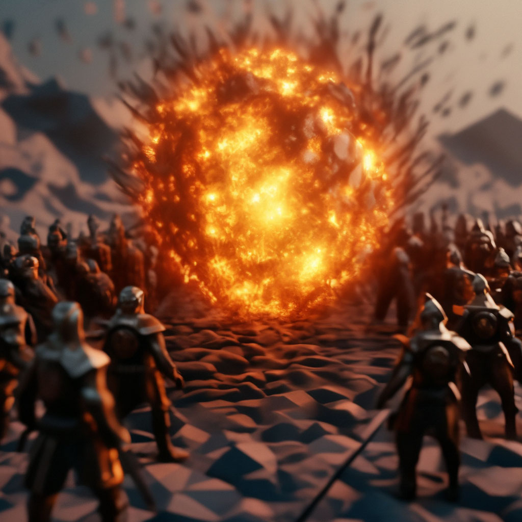 "A huge fireball flies into the formation of warriors" — image created ...