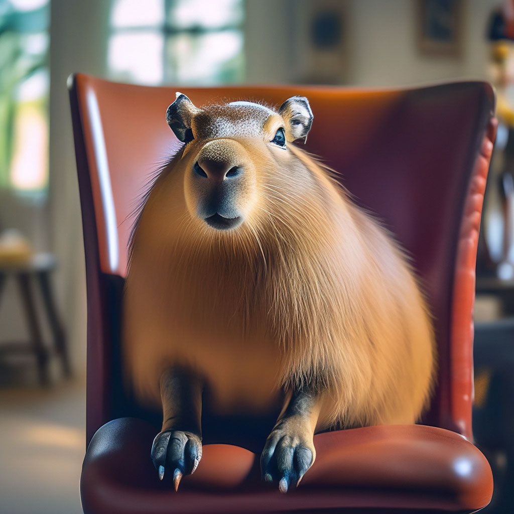 "Capybara sitting on a chair, realistic, beautiful, aesthetic, 4k ...