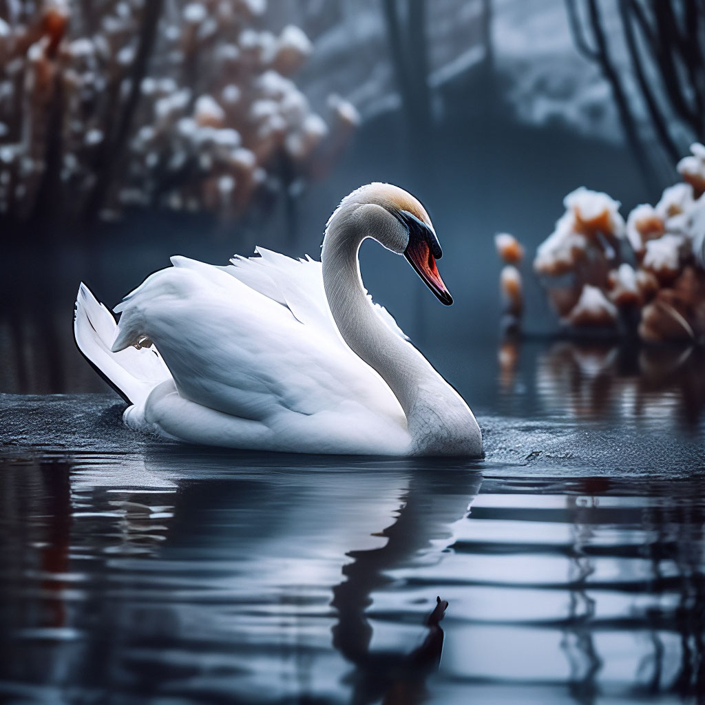 "A snow-white swan swims in a pond dark botanical mystery ...