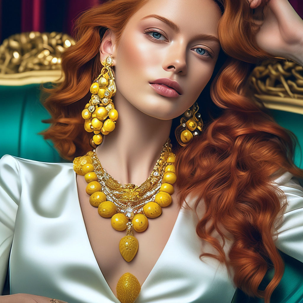 "A beautiful red-haired modern diva is sitting on a velvet sofa in a ...