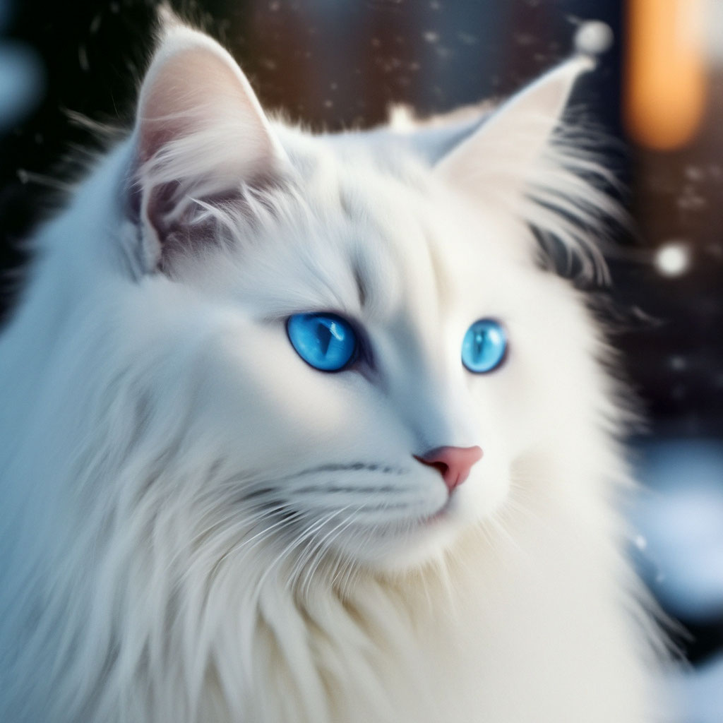 "White fluffy cat on white snow, cat with blue eyes, expressive ...