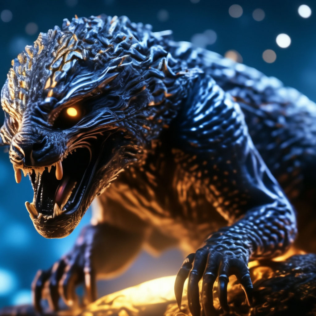 "🧊the most beautiful predator sits on a meteorite, stars, sparkle, lots ...