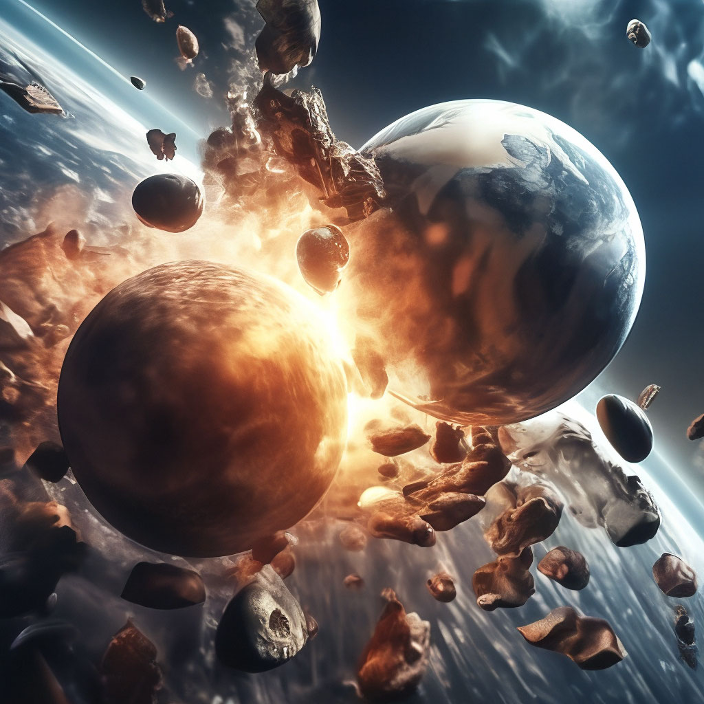 "Collision of planets in space, aesthetically pleasing, beautiful ...