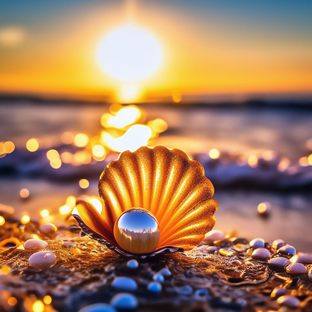 "Sea, sunset, shell with pearl, filigree, beauty, realistic, glow ...