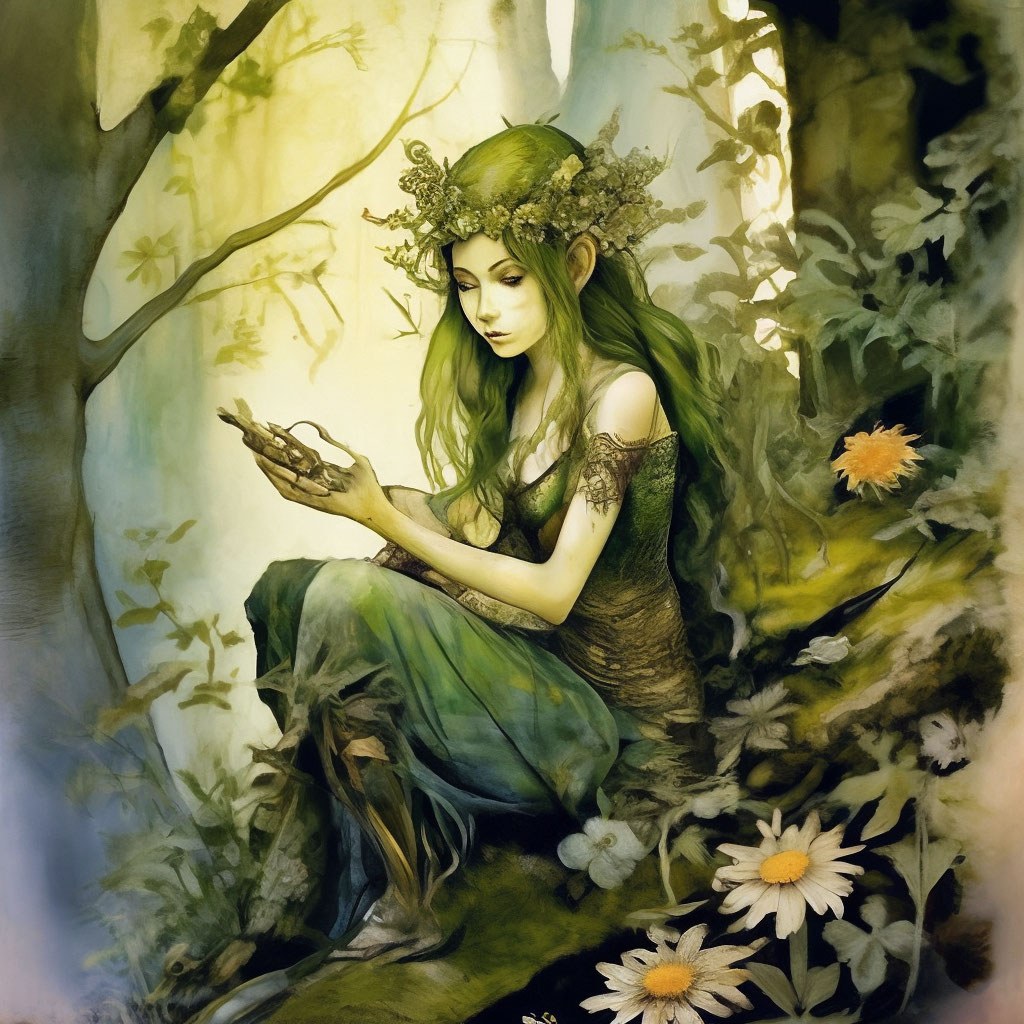 "Fairy tales of the Forest Elves. A real elf is sitting on a stone, a ...