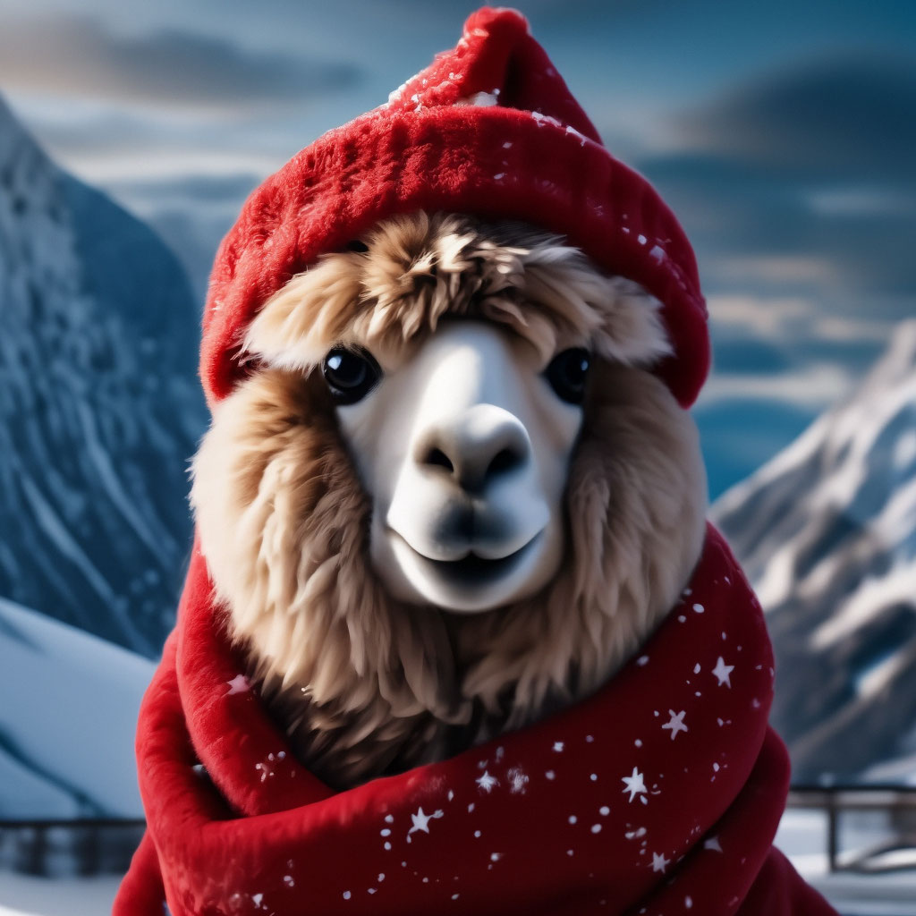 "A fluffy alpaca with long eyelashes in a red New Year's cap and a red ...