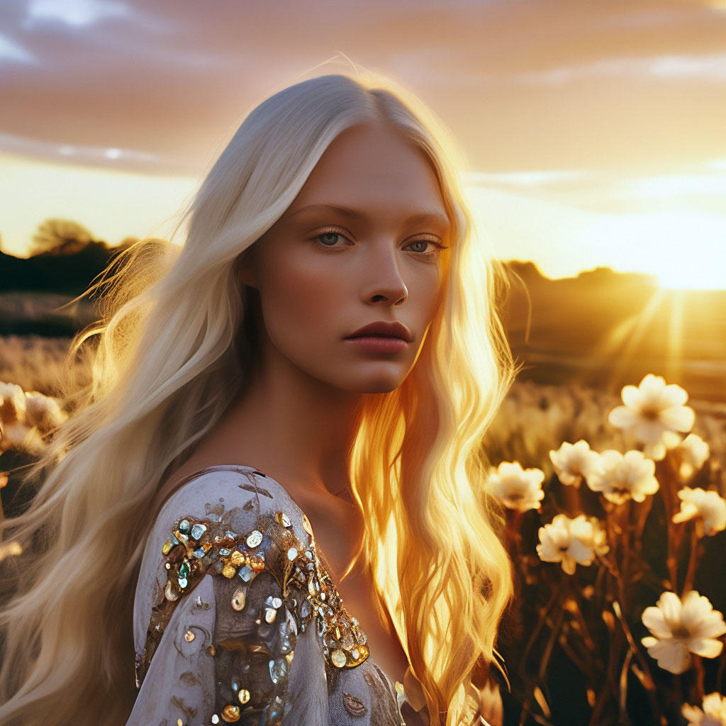"Sunrise over blooming fields albino girl with long hair, brown eyes ...
