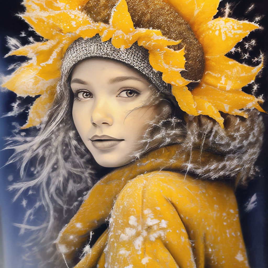 "Close-up drawing of a winter girl, in the image of a sunflower ...