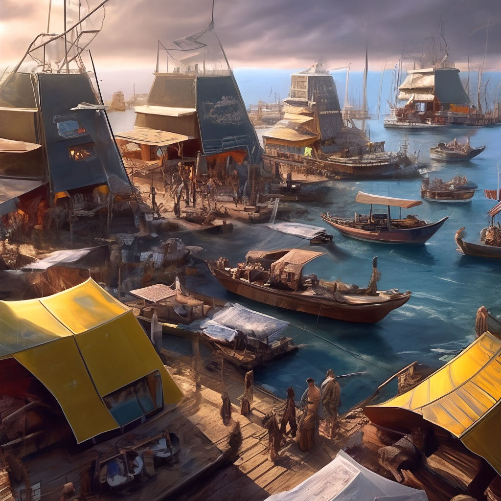 "Dreamland Open Ocean Floating Market stalls Tents wooden slums wind ...
