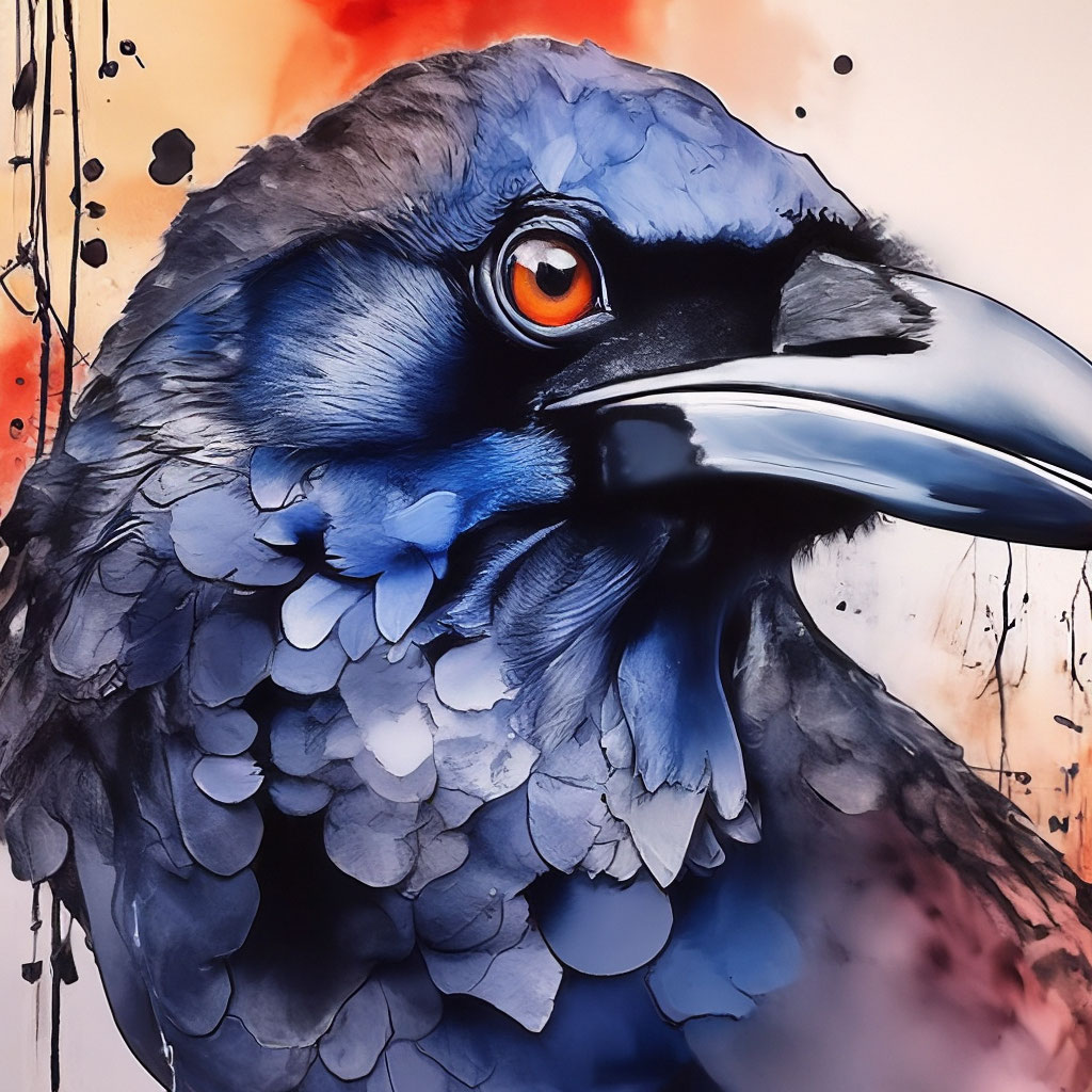 "Raven, watercolor sketch,ink, clear drawing of details, grunge ...
