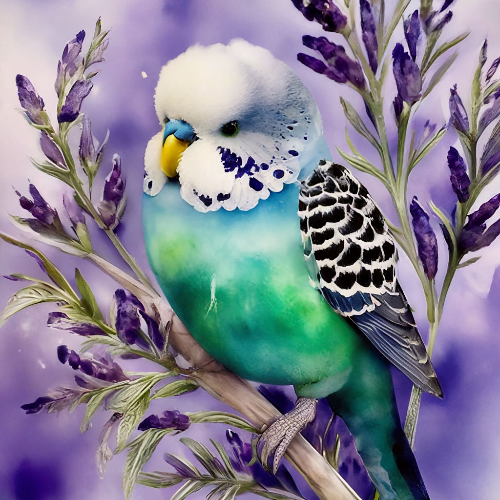 "Watercolor cute fluffy delicate image, lavender with malachite budgie ...