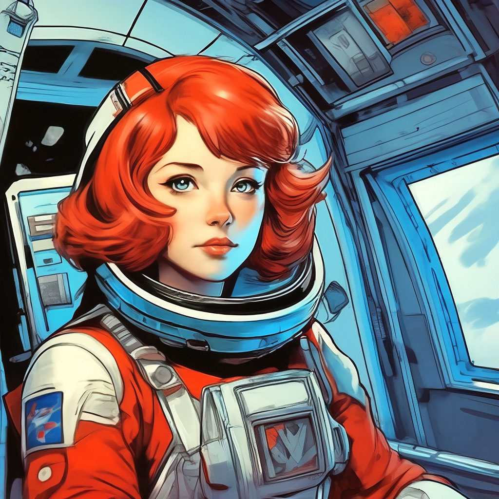 "Cosmonaut girl, short bob, red hair disheveled, curious look,big blue ...