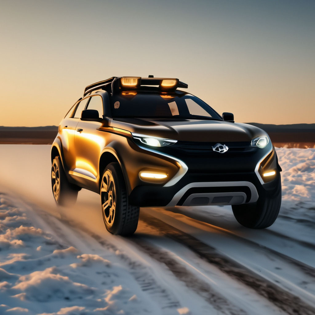 "Lada SUV of the future , sneaking through a snow-covered field ...