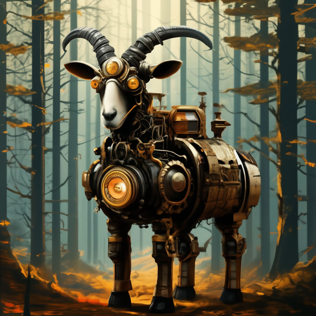 "Steampunk goat in the forest" — image created in Shedevrum