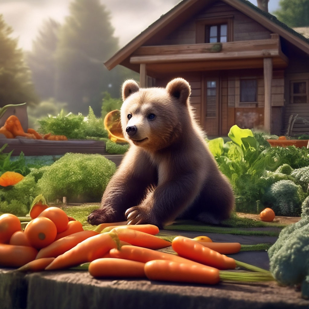 "A rustic house, a vegetable garden, a realistic bear cub is sitting in ...